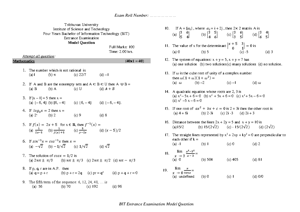 BIT Entrance Examination Model Questions and Answers - Studocu