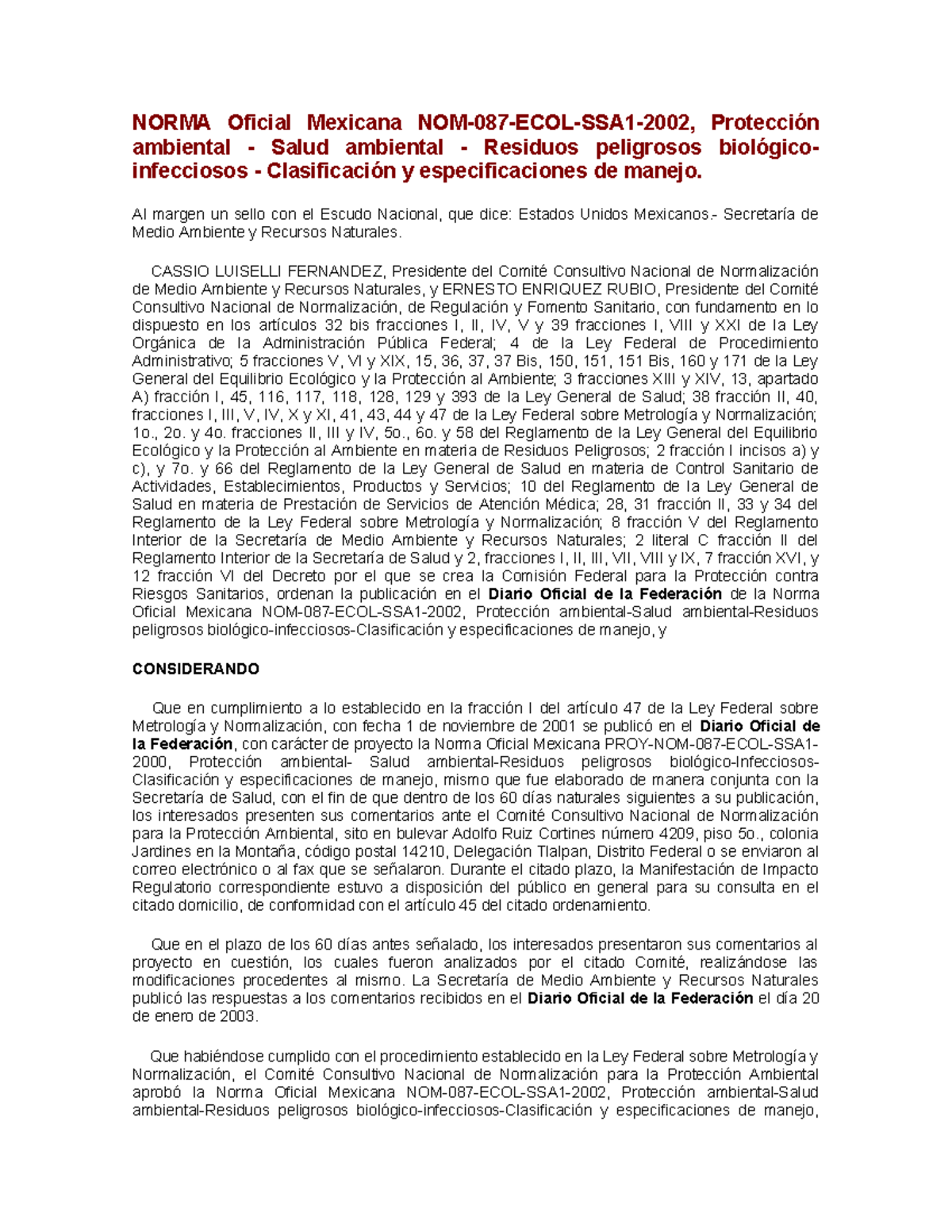 Norma Oficial Mexicana NOM 087 - NORMA Oficial Mexicana NOM-087-ECOL-SSA1-2002, Protección ...