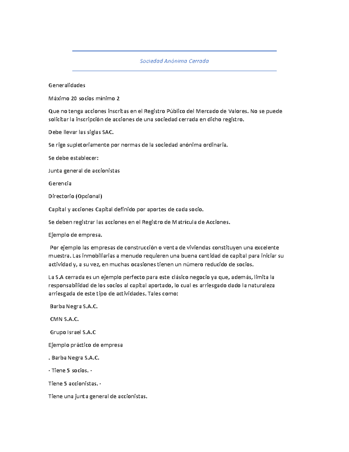 Sociedad Anónima Cerrada: Características y Ejemplos Prácticos - Studocu