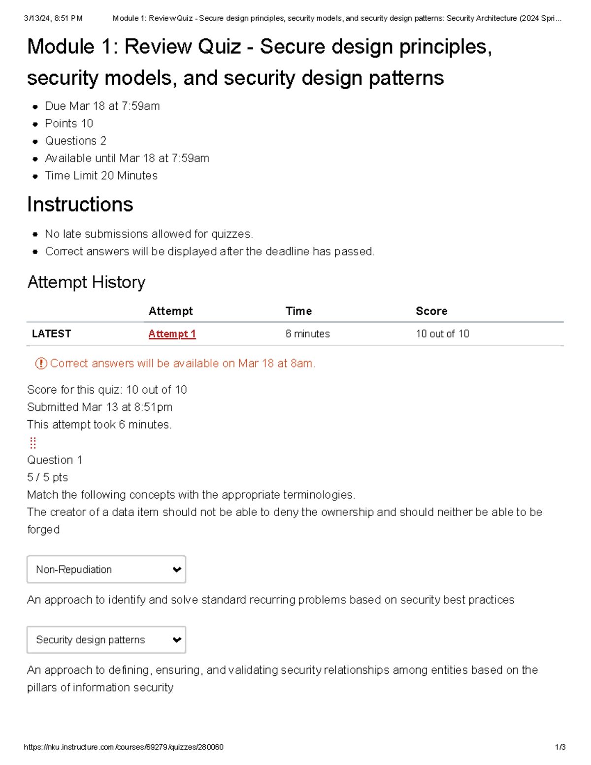 Module 1 Review Quiz: Secure Design Principles & Security Models (2024 ...