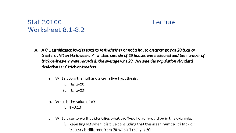 Stat 30100 Worksheet 8: Hypothesis Testing & Errors Analysis - Studocu