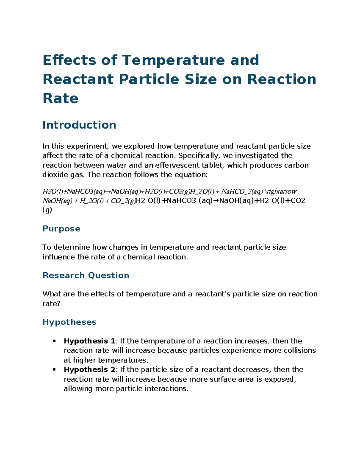 Effects of temperature and particle size on reaction rate (CHEM 101 ...