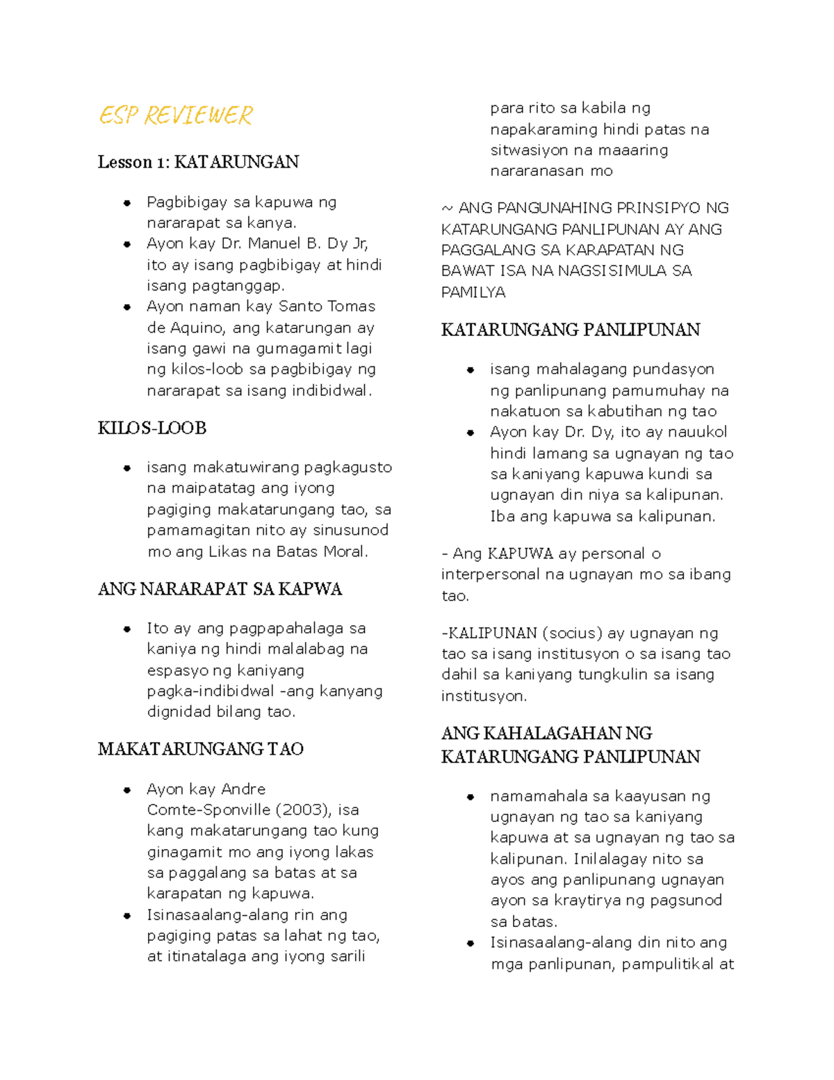 ESP- Lesson Review on Katarungan and Kasipagan - Studocu