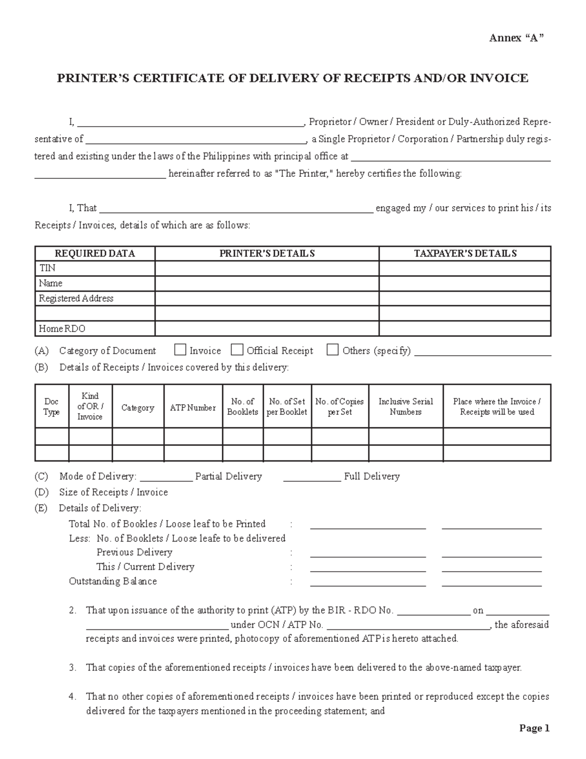 Printer's Certificate of Delivery for Receipts & Invoices - Studocu