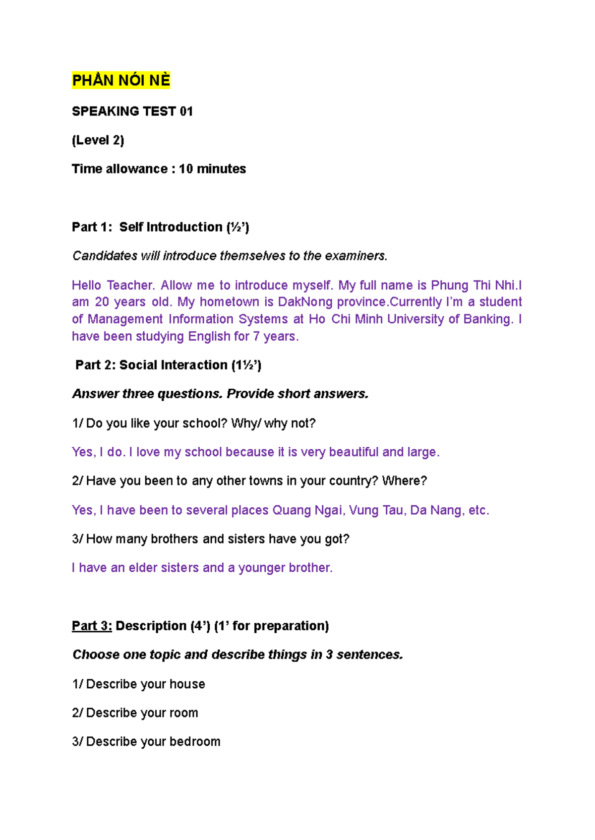 SPEAKING TEST 01-05 (Level 2) Preparation and Practice Guide - Studocu