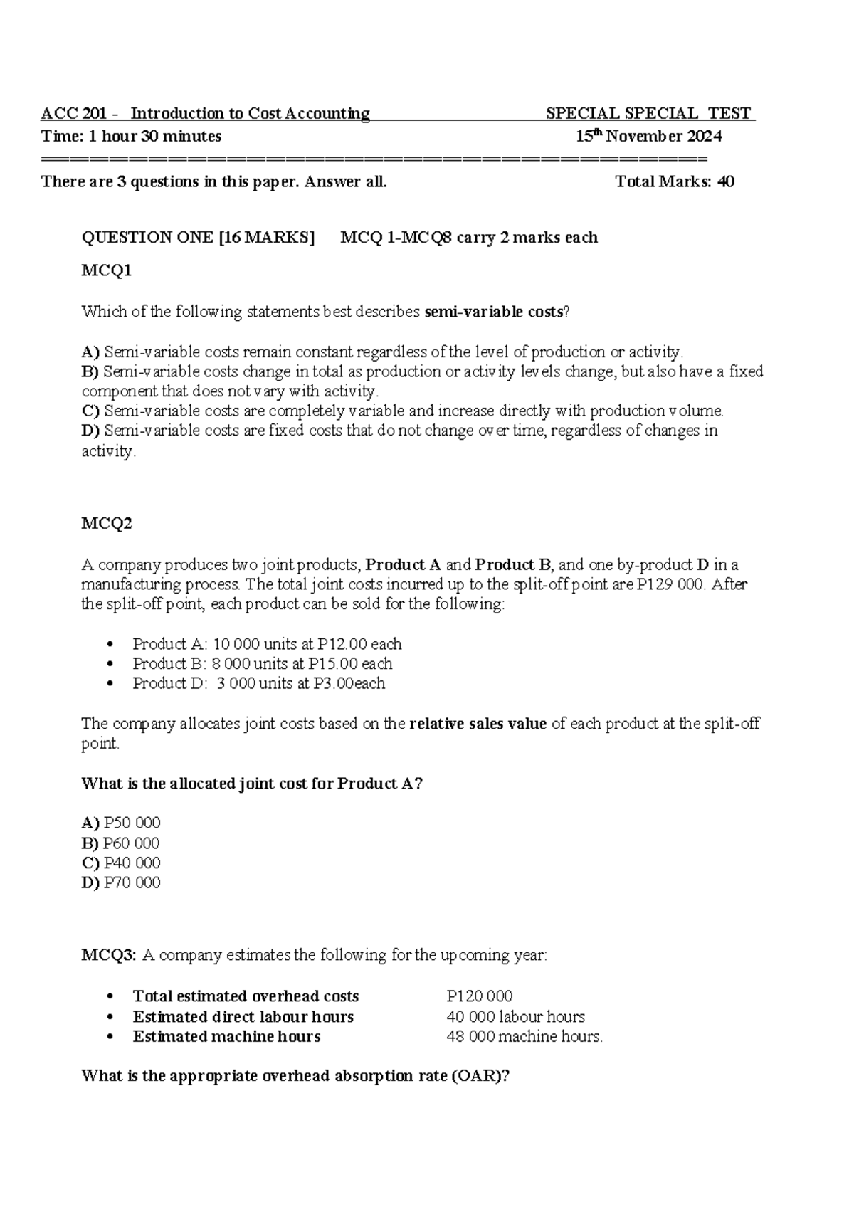 ACC 201 Special TEST 2 - Exam Revision Material & MCQ Practice - Studocu