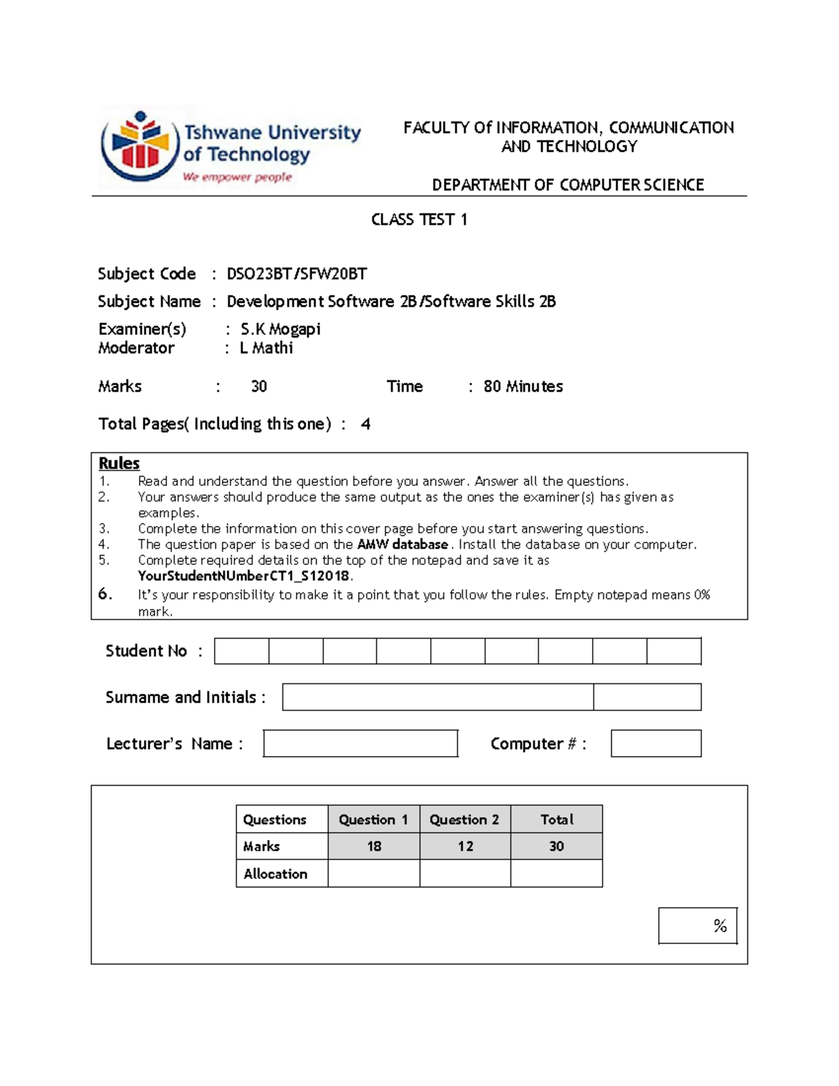 DSO23BT CT1 2018 - Development Software Skills Class Test 1 - Studocu