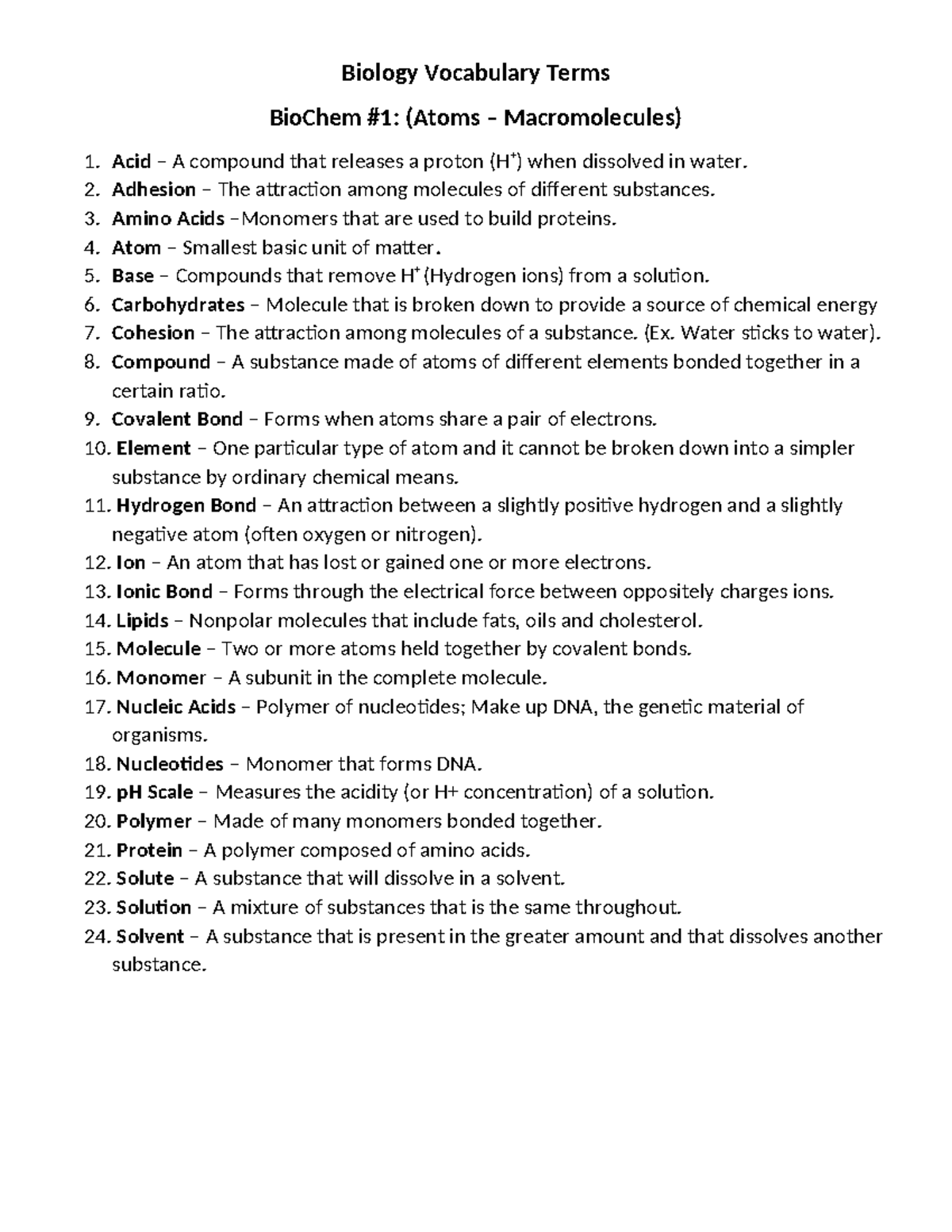 Biochem 1 vocab - biology 1 notes - Biology Vocabulary Terms BioChem #1 ...