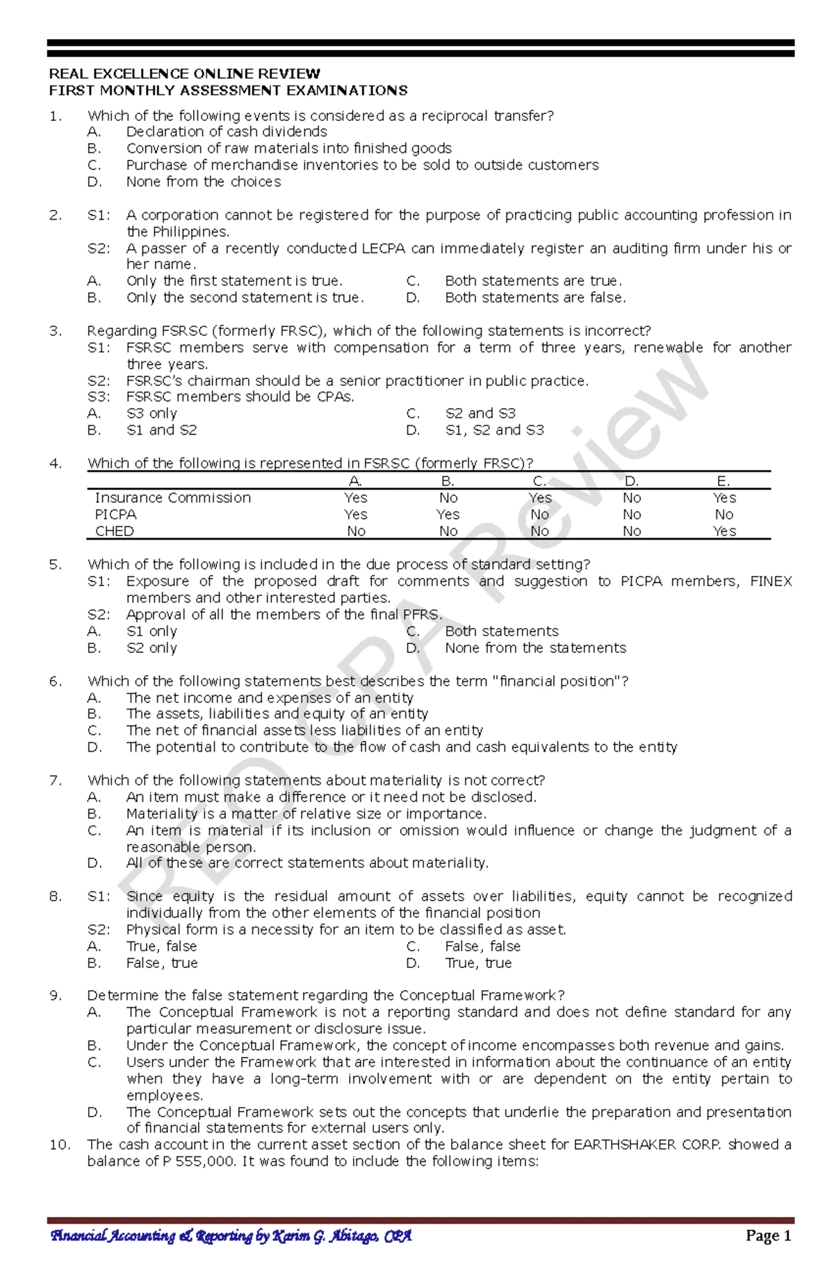 FAR 1st Monthly Assessment - REO CPA Review REAL EXCELLENCE ONLINE ...