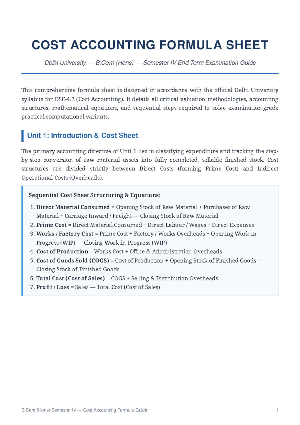 B.Com (Hons) Semester IV Cost Accounting Formula Guide - Studocu