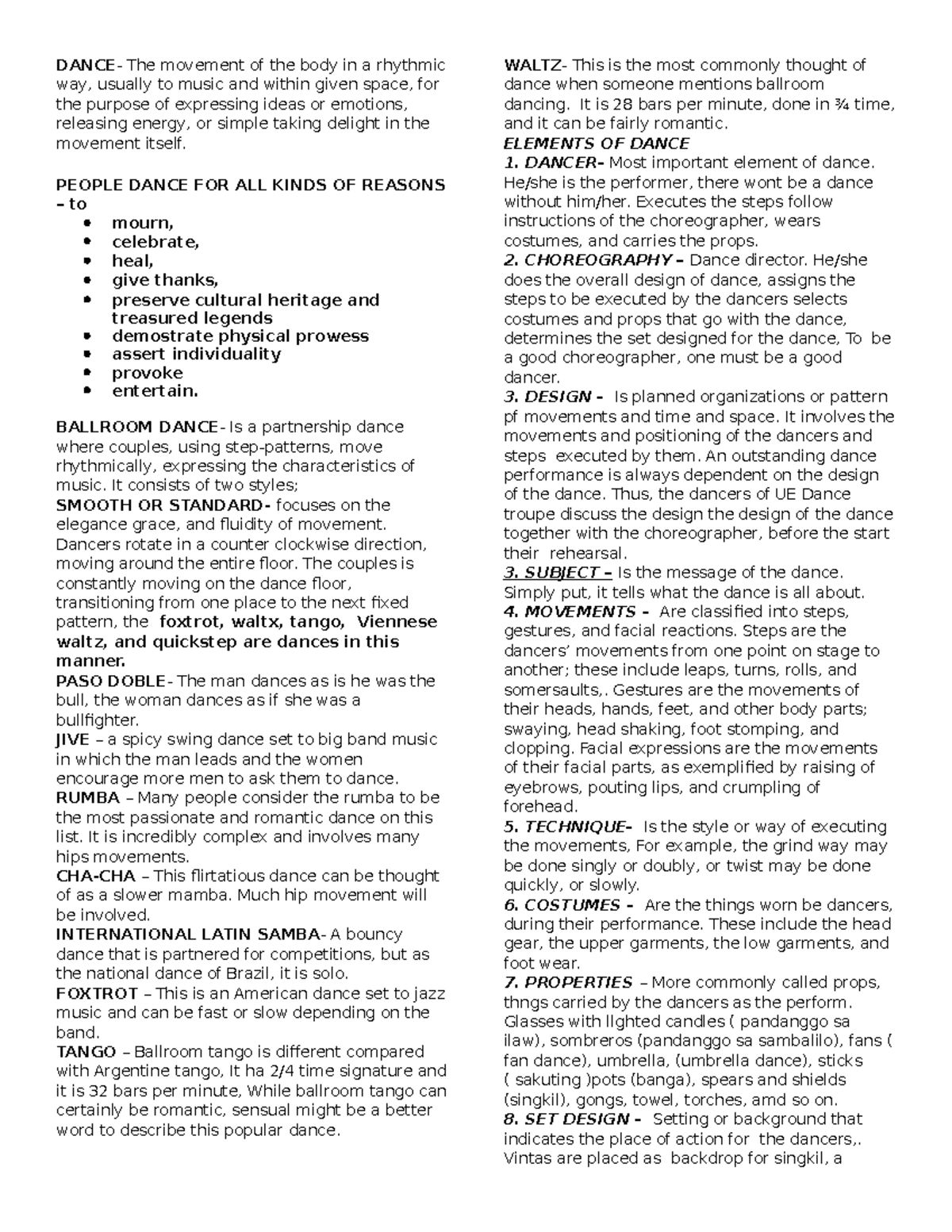 PEH- Reviewer: Exploring the Art and Styles of Ballroom Dance - Studocu