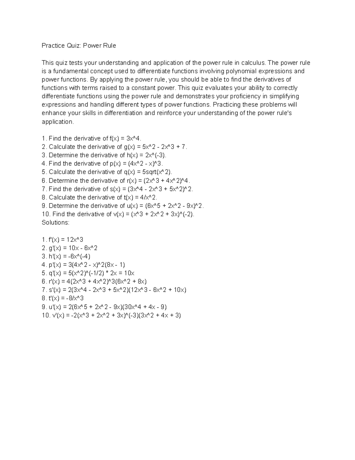 CALC 1 Power Rule Practice Quiz Solutions & Techniques - Studocu