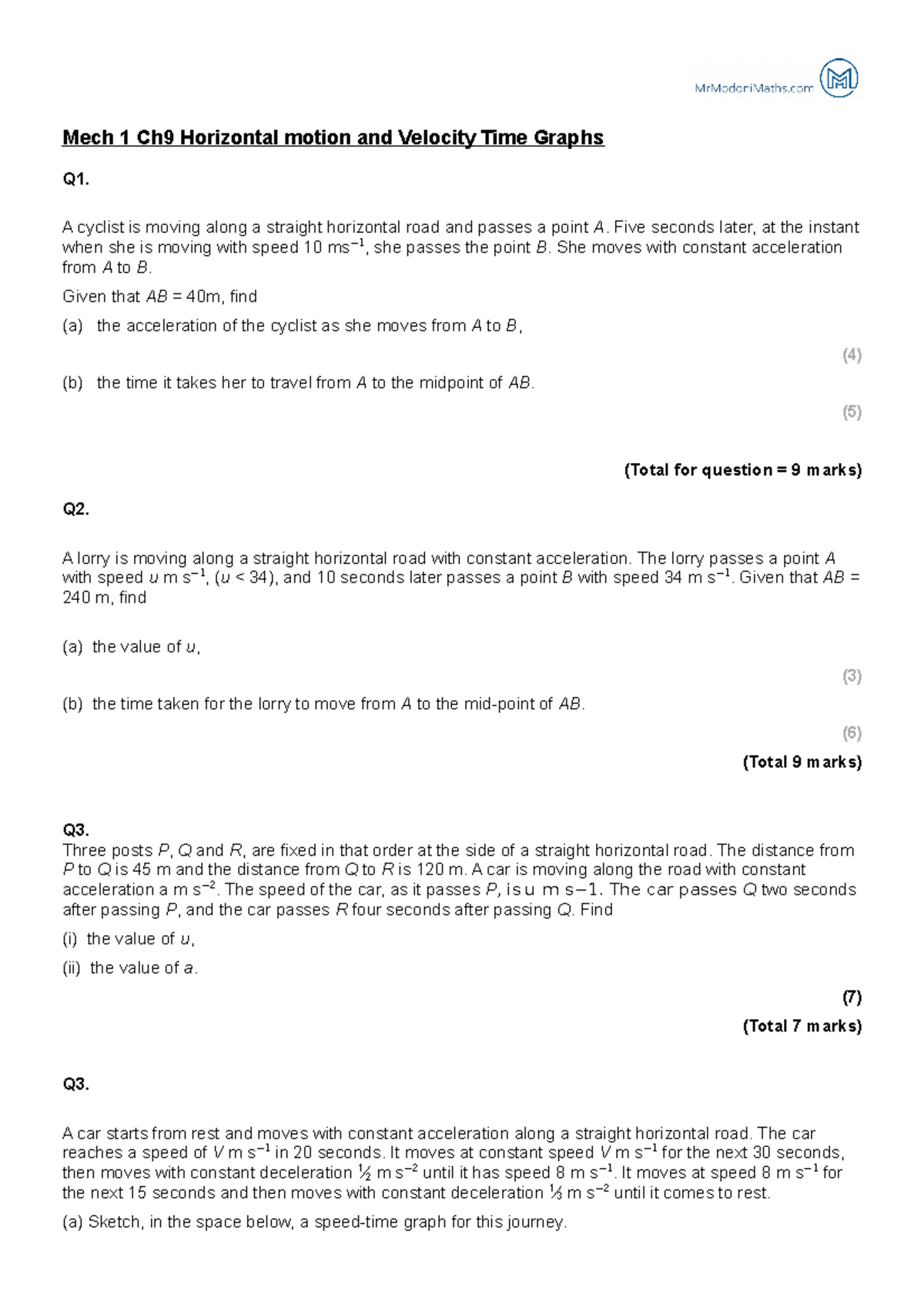 Mech 1 Ch9 - Horizontal Motion and Velocity Time Graphs - A cyclist is ...