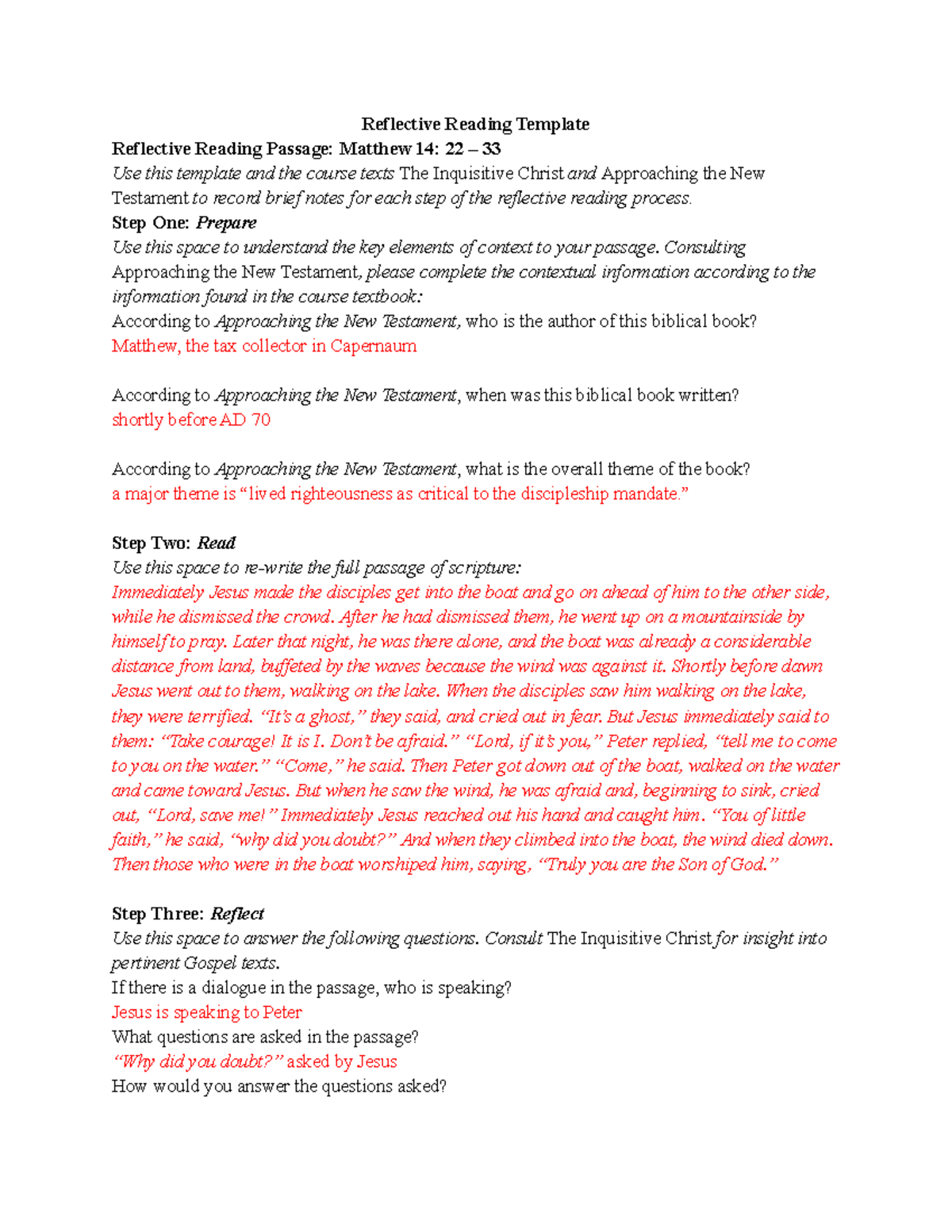 Reflective Reading Assignment on Matthew 14:22-33 - BIBL 110 - Studocu