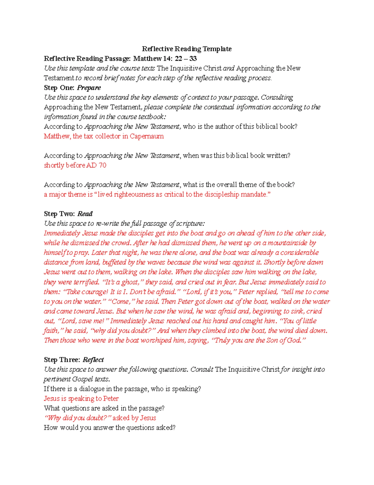 Reflective Reading John - BIBL 110 - Reflective Reading Template ...