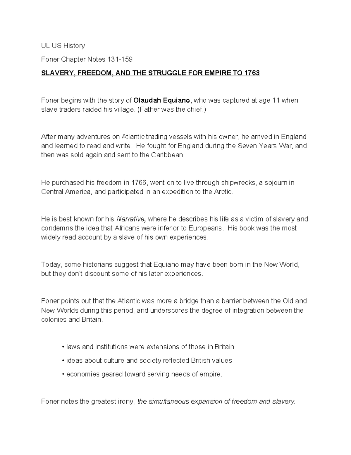 UL US History Foner Chapter Notes: Slavery, Freedom, and Empire (131 ...