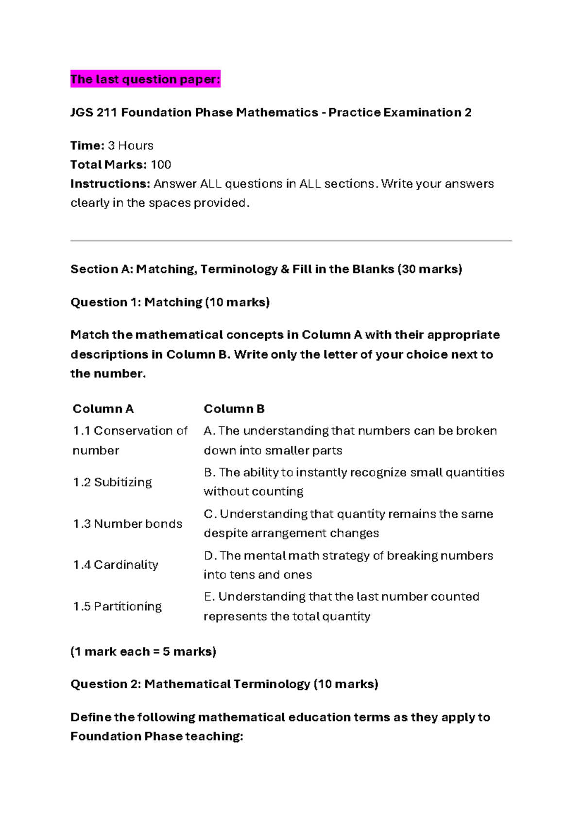 JGS 211 Foundation Phase Mathematics Practice Exam 2 - 3 Hours - Studocu