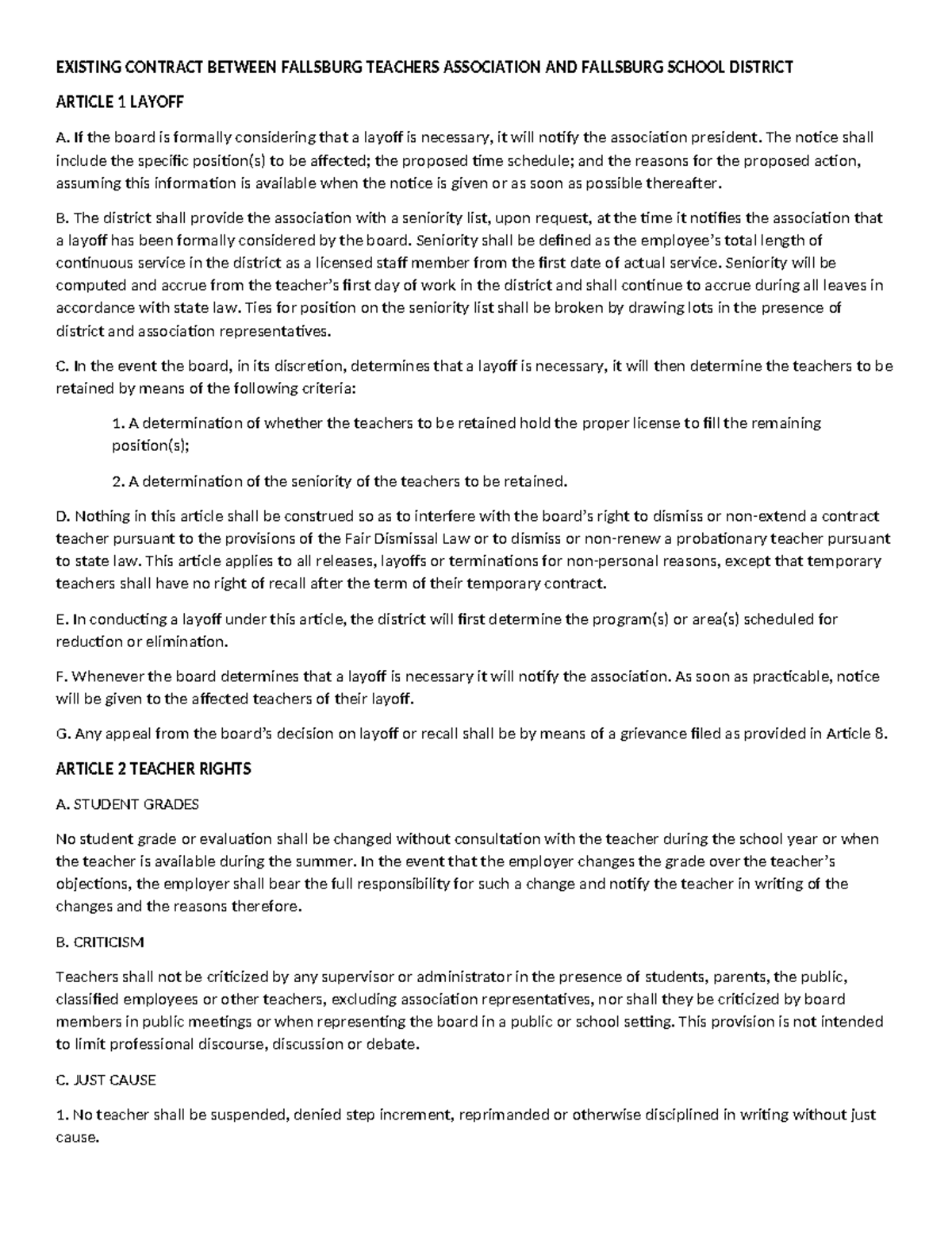 Existing Contract Between FTA and FSD: Layoff & Teacher Rights - Studocu