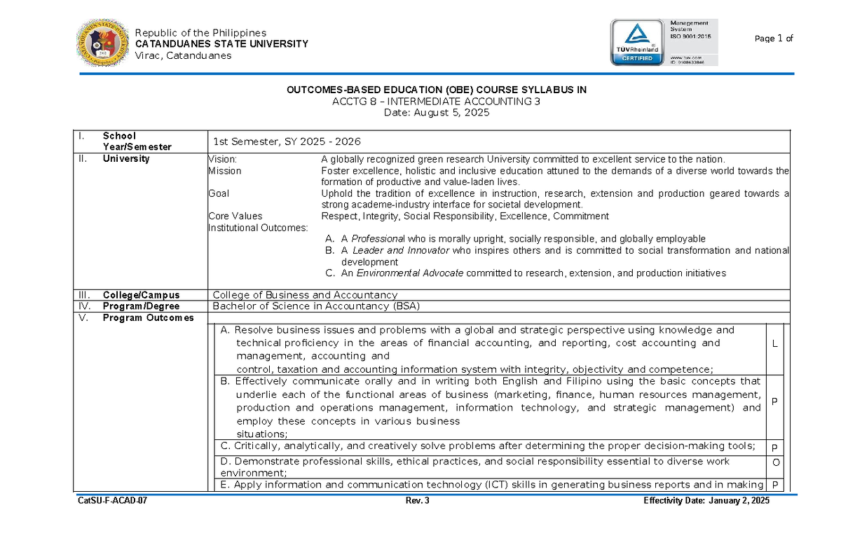 Intermediate Accounting 3 Syllabus (ACCTG 8) - 1st Sem SY 2025-2026 ...
