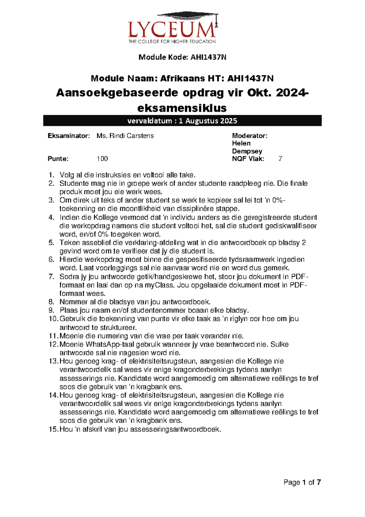 Aansoekgebaseerde Opdrag: AHI1437N - Afrikaans HT Eksamen 2024 - Studocu