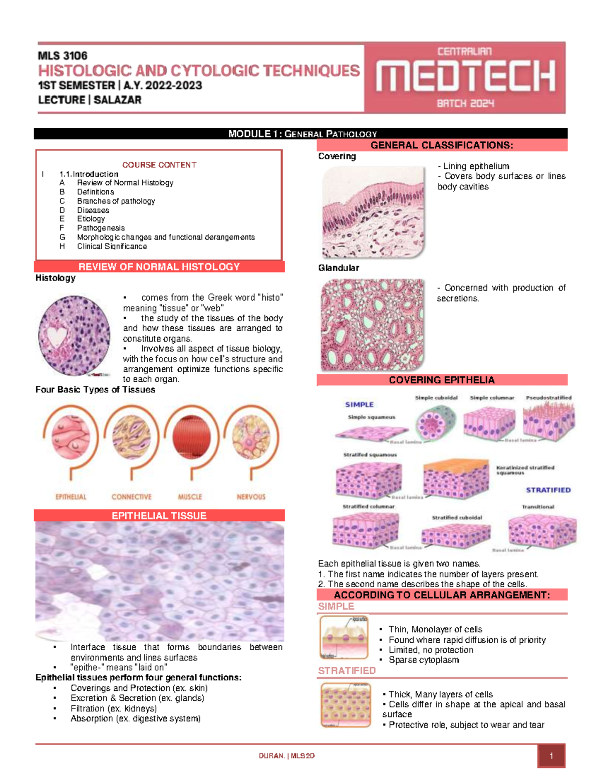 Ilide - histo - MODULE 1 : GENERAL PATHOLOGY COURSE CONTENT I 1.1 A Review of Normal Histology B ...
