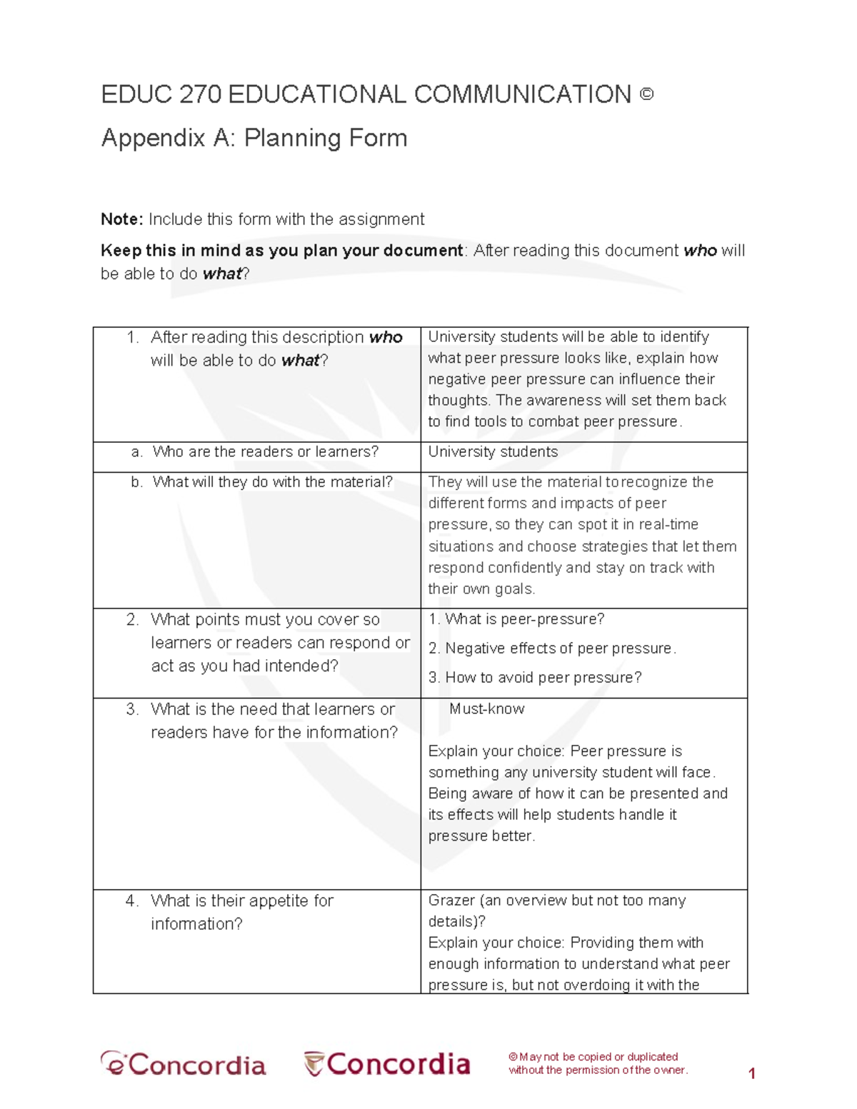 EDUC 270 Educational Communication: Appendix A Planning Form - Studocu