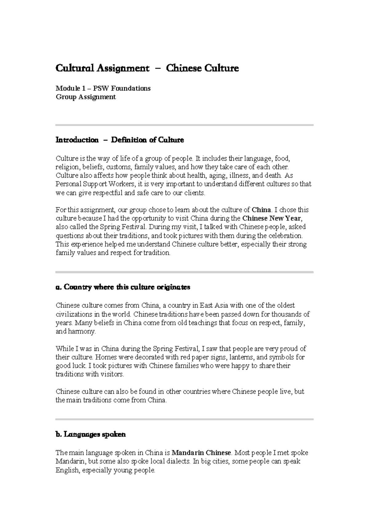 Cultural Assignment: Understanding Chinese Culture in PSW Foundations ...