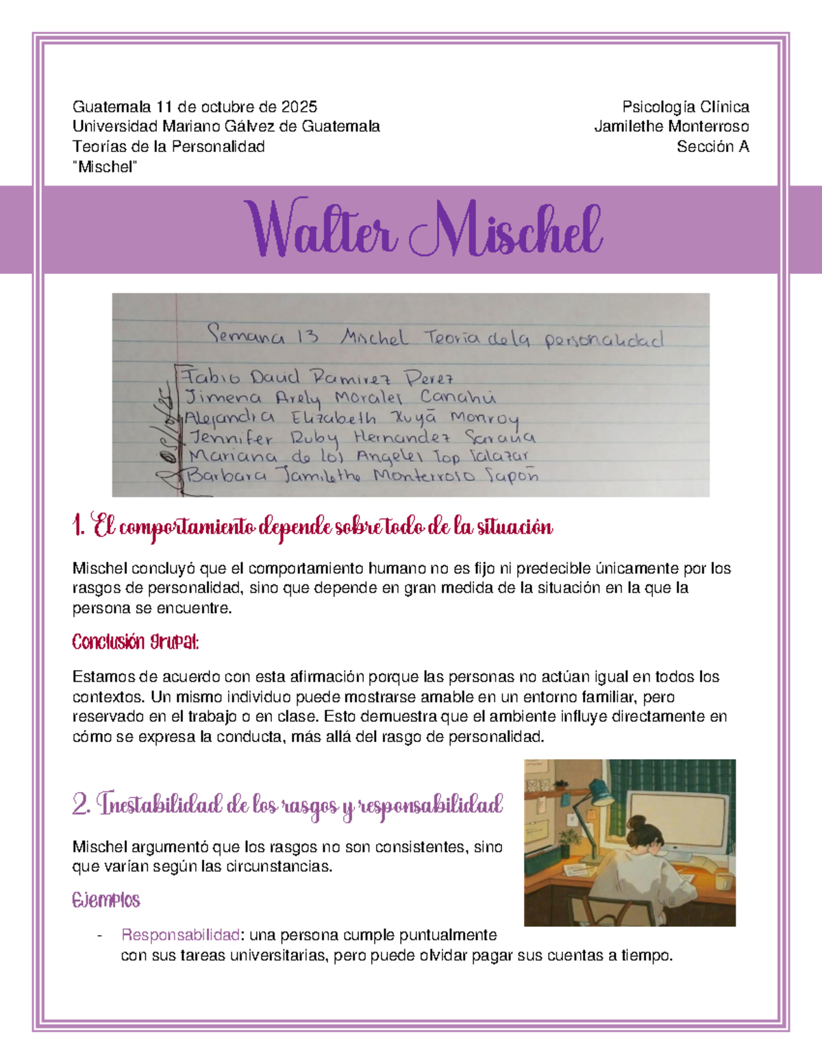 Teorías de la Personalidad - Tarea Mischel - Psicología Clínica - Studocu