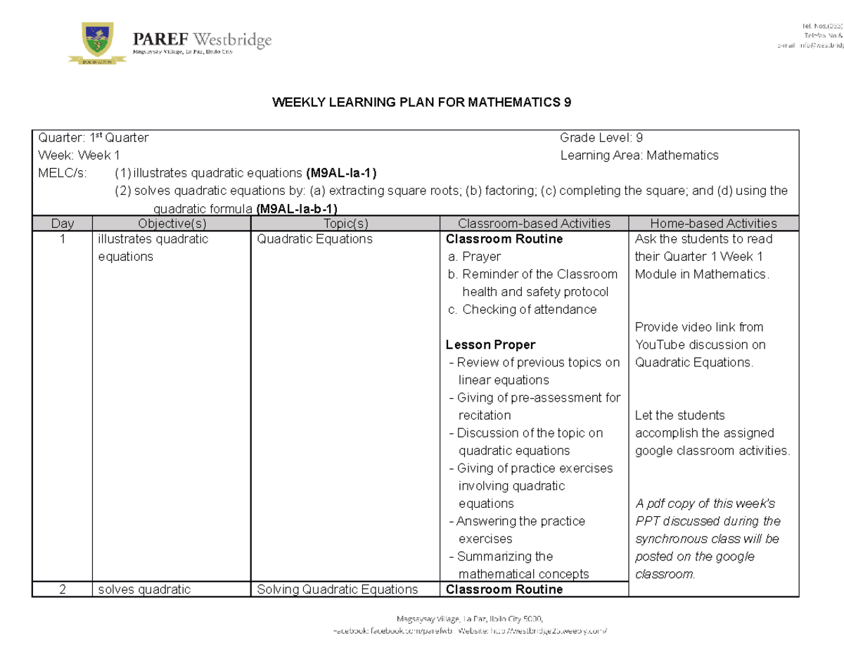 Weekly Learning Plan (Grade 9) - 1st Quarter - Week 1 - WEEKLY LEARNING ...