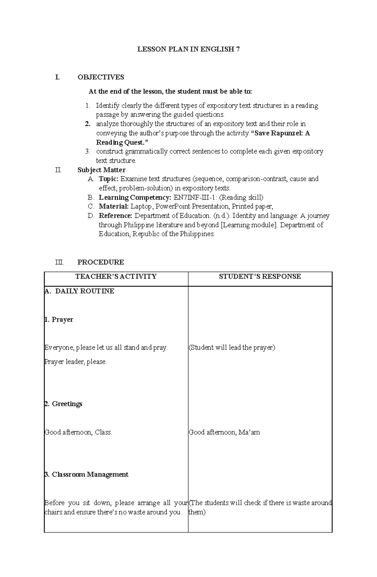 DLP-7: Detailed Lesson Plan on Expository Text Structures - Studocu