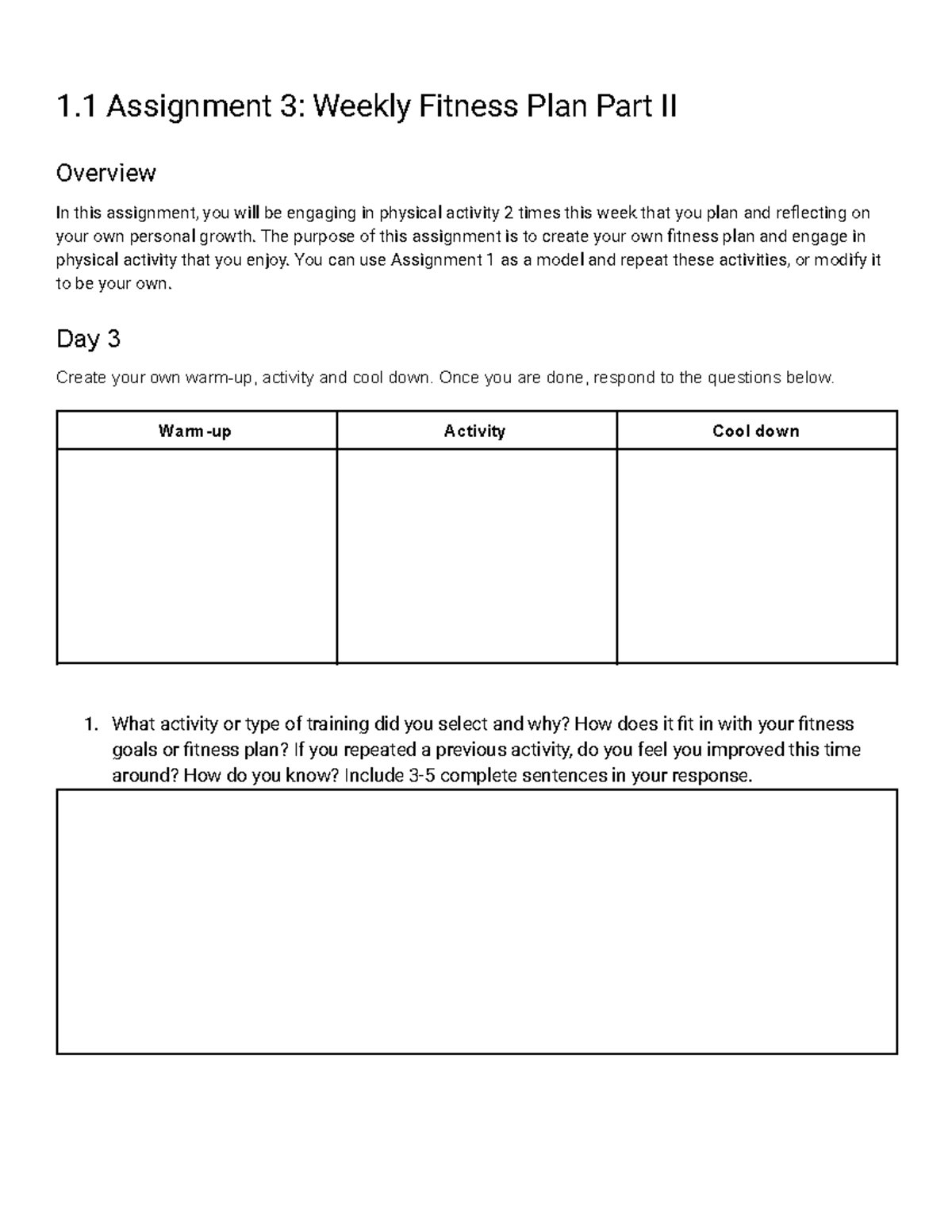 3.1 Assignment 3: Weekly Fitness Plan Part II Reflection - Studocu