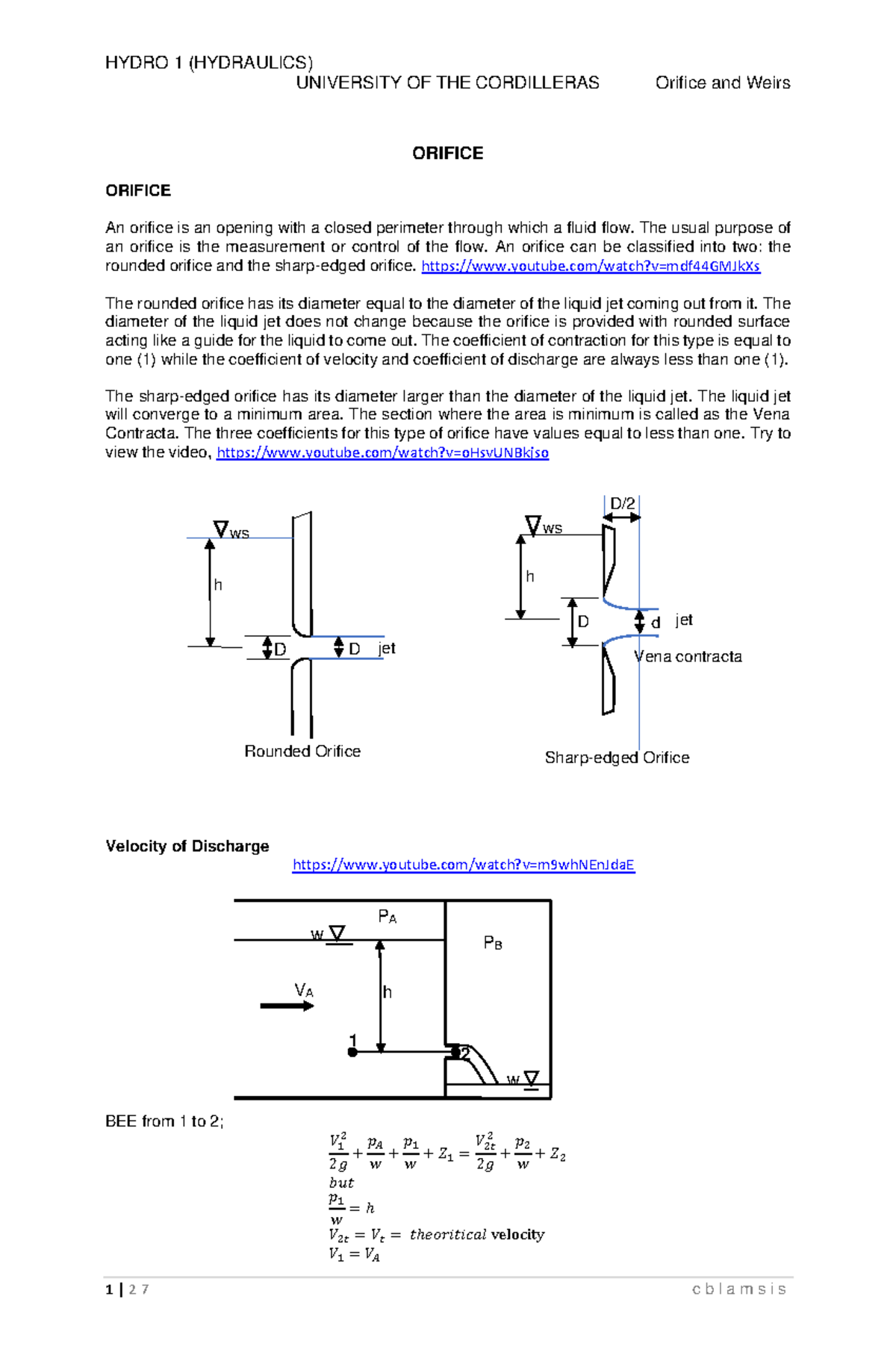 Hydro 1 - Fluid Flow Measurement: Orifices and Weirs Explained - Studocu