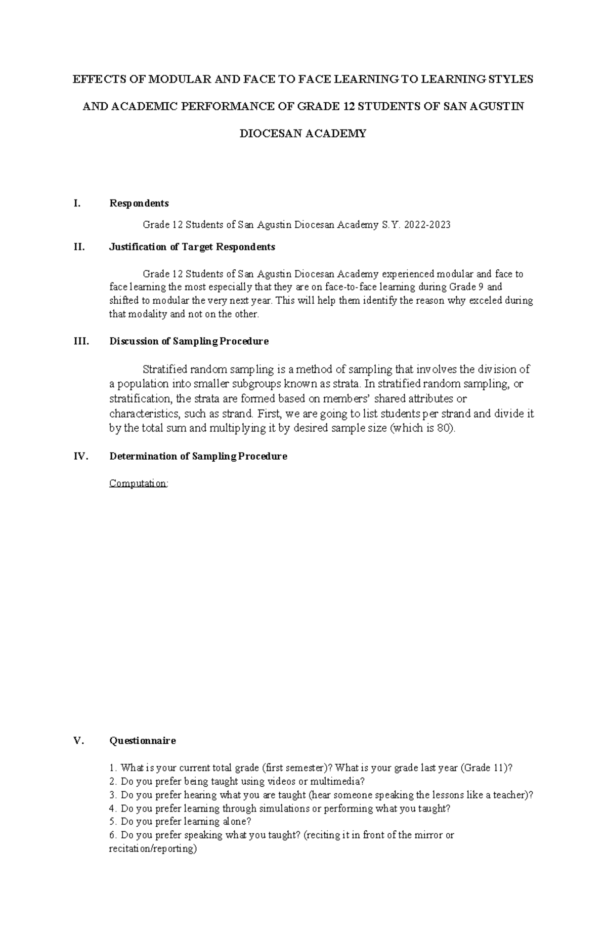 Plan of research - EFFECTS OF MODULAR AND FACE TO FACE LEARNING TO ...