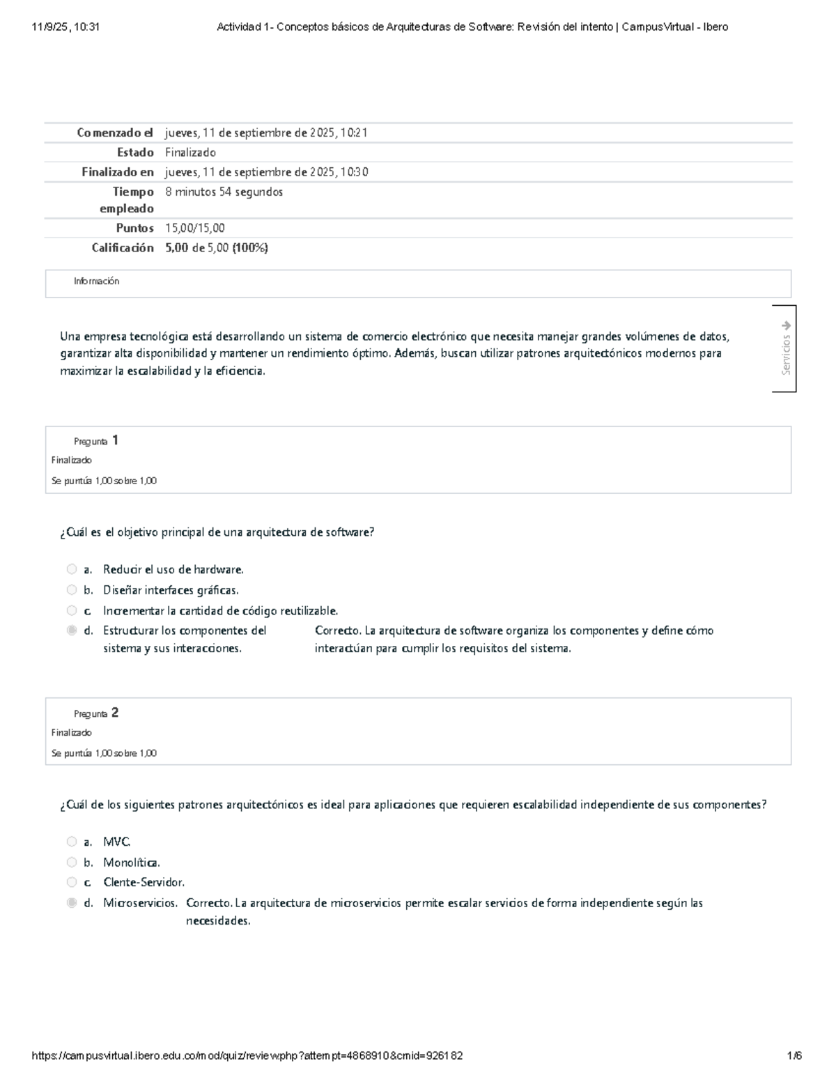 Actividad 1: Conceptos Básicos de Arquitecturas de Software - Revisión - Studocu