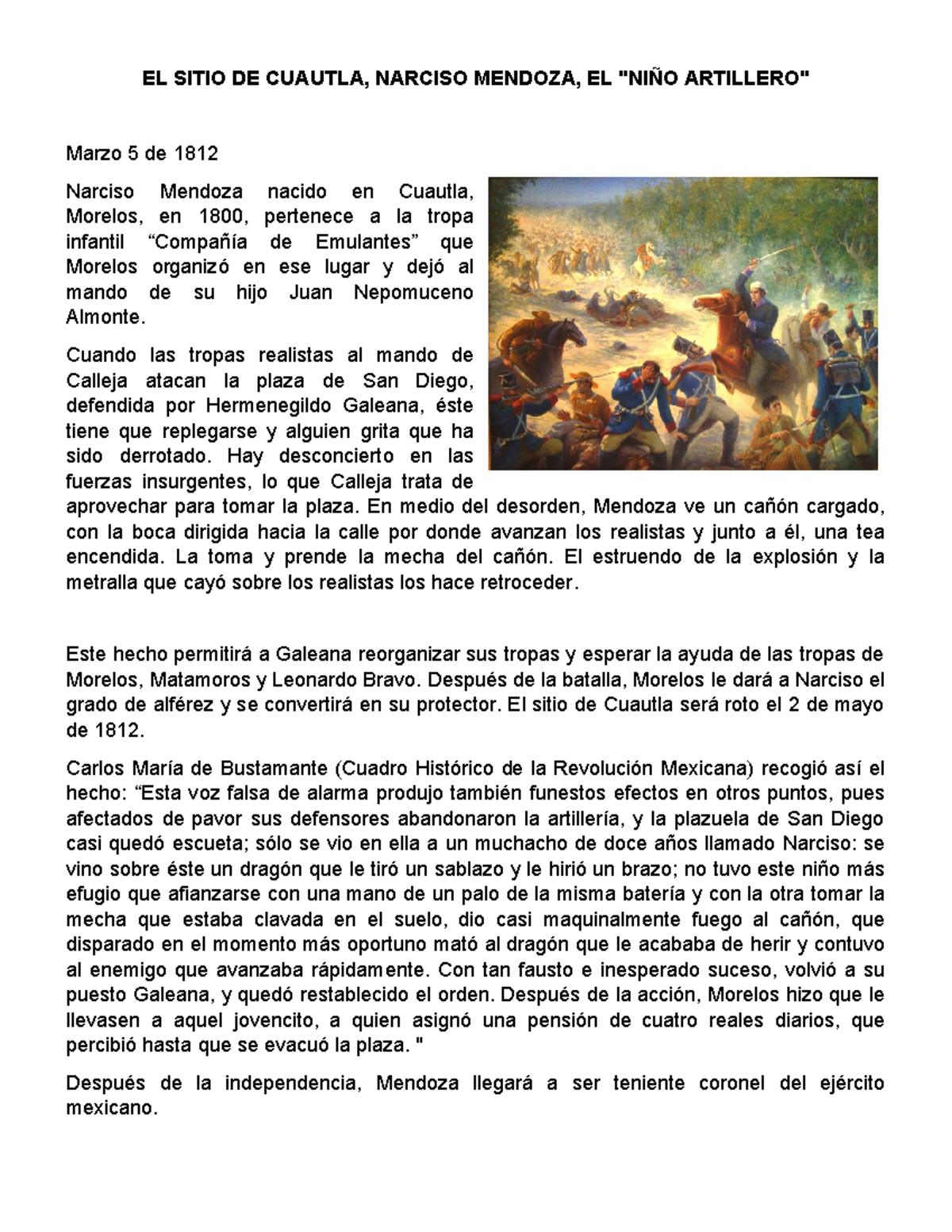 EL SITIO DE CUAUTLA: RESUMEN DEL NIÑO ARTILLERO (1812) - Studocu