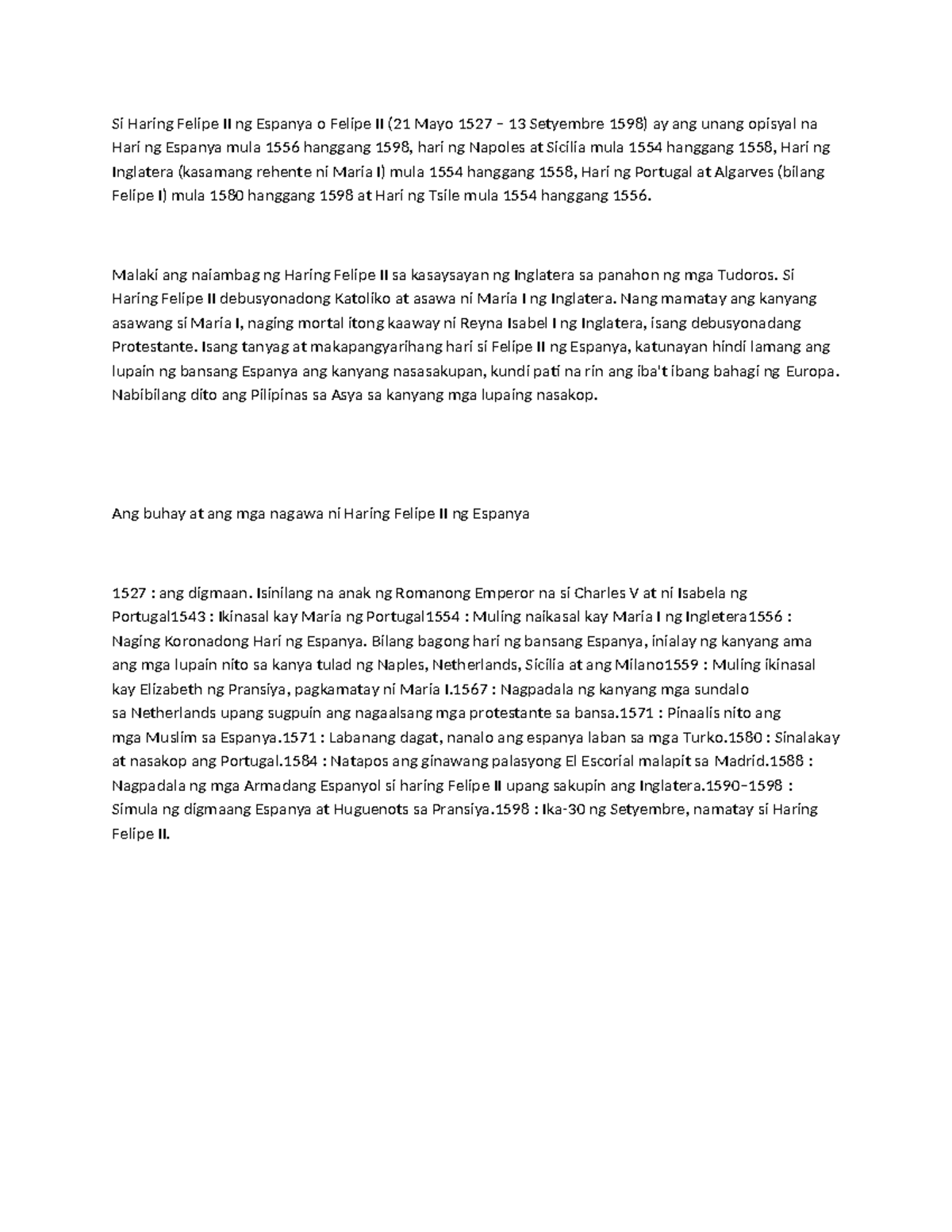 Buod ng Haring Felipe II ng Espanya: Kasaysayan at Nagawa - Studocu