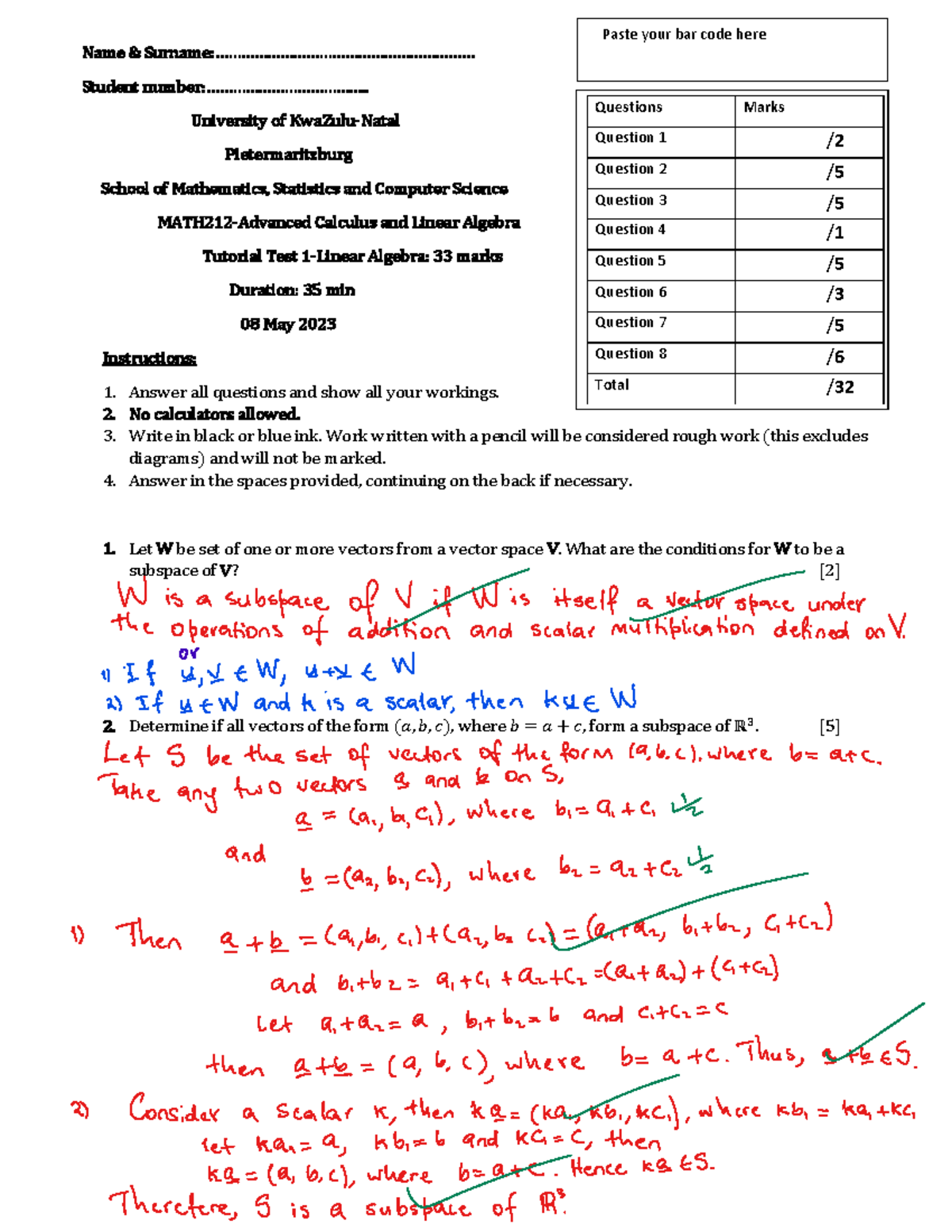 Linear Algebra (MATH101) - Tutorial Test 1 Memo - Studocu