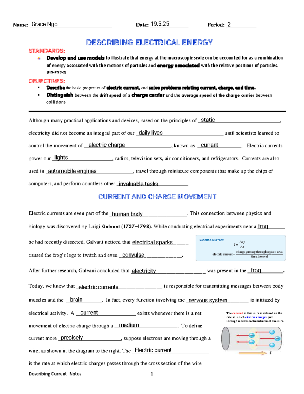 Electrical Energy Notes (SM): Understanding Current and Charge Movement ...