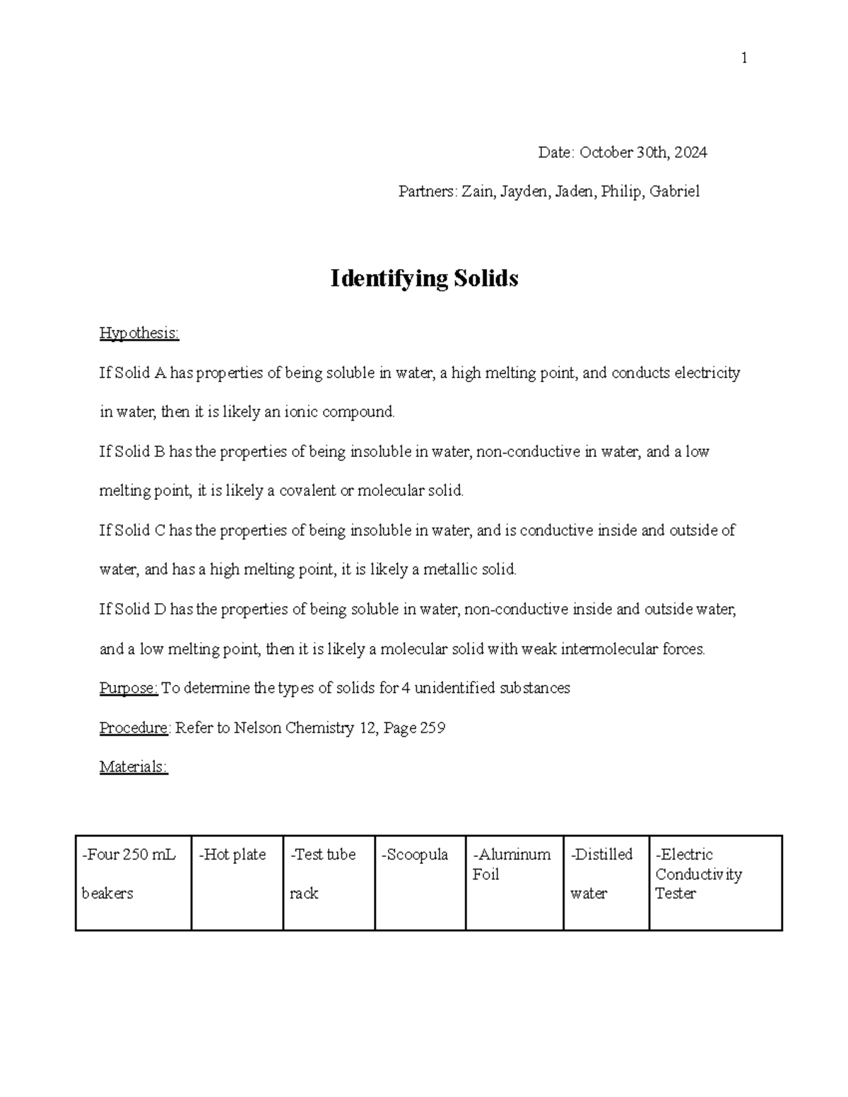 Chem Lab Report: Identifying Solids and Their Properties - Studocu