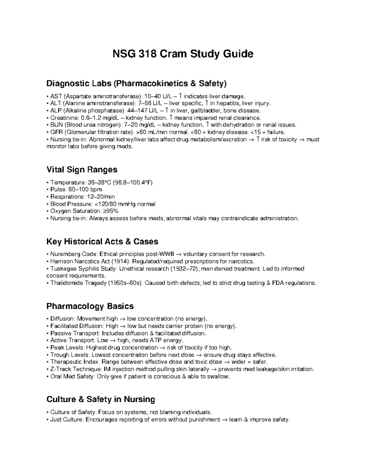 NSG 318 Cram Study Guide: Diagnostic Labs & Pharmacology Safety - Studocu