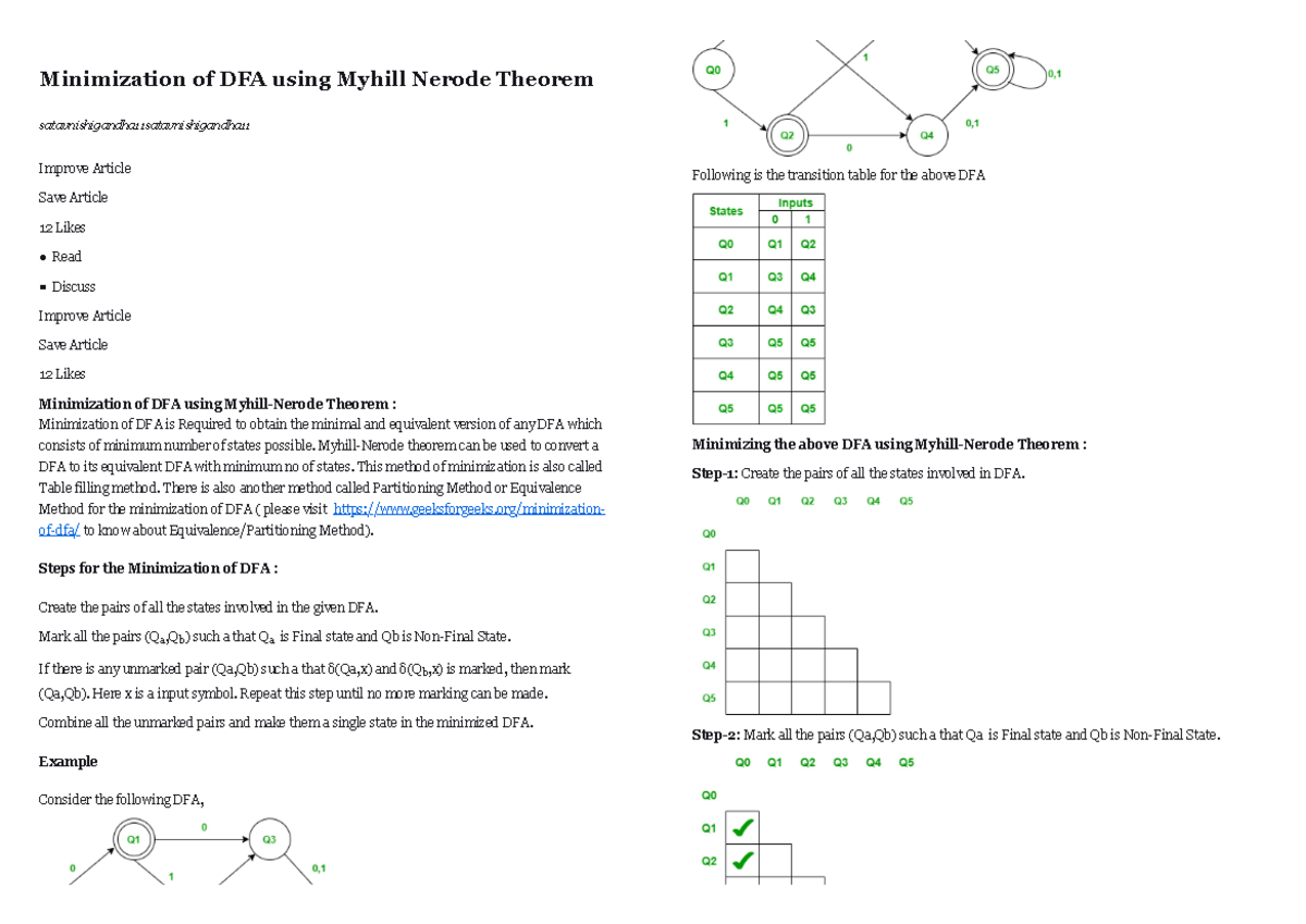 Minimization of DFA Using Myhill-Nerode Theorem - CS 101 Notes - Studocu