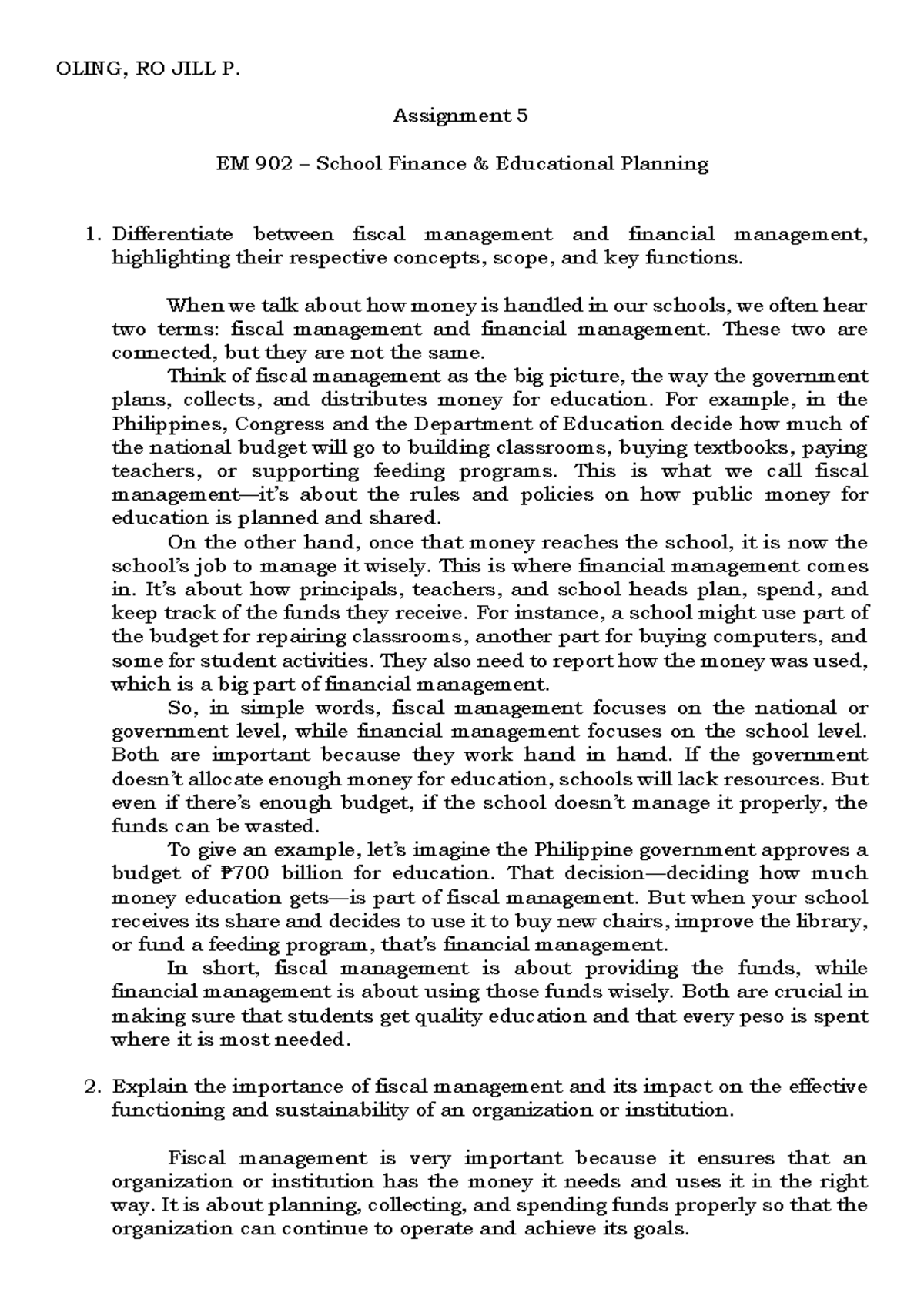 EM 902 - Assignment 5: Fiscal vs Financial Management in Education - Studocu