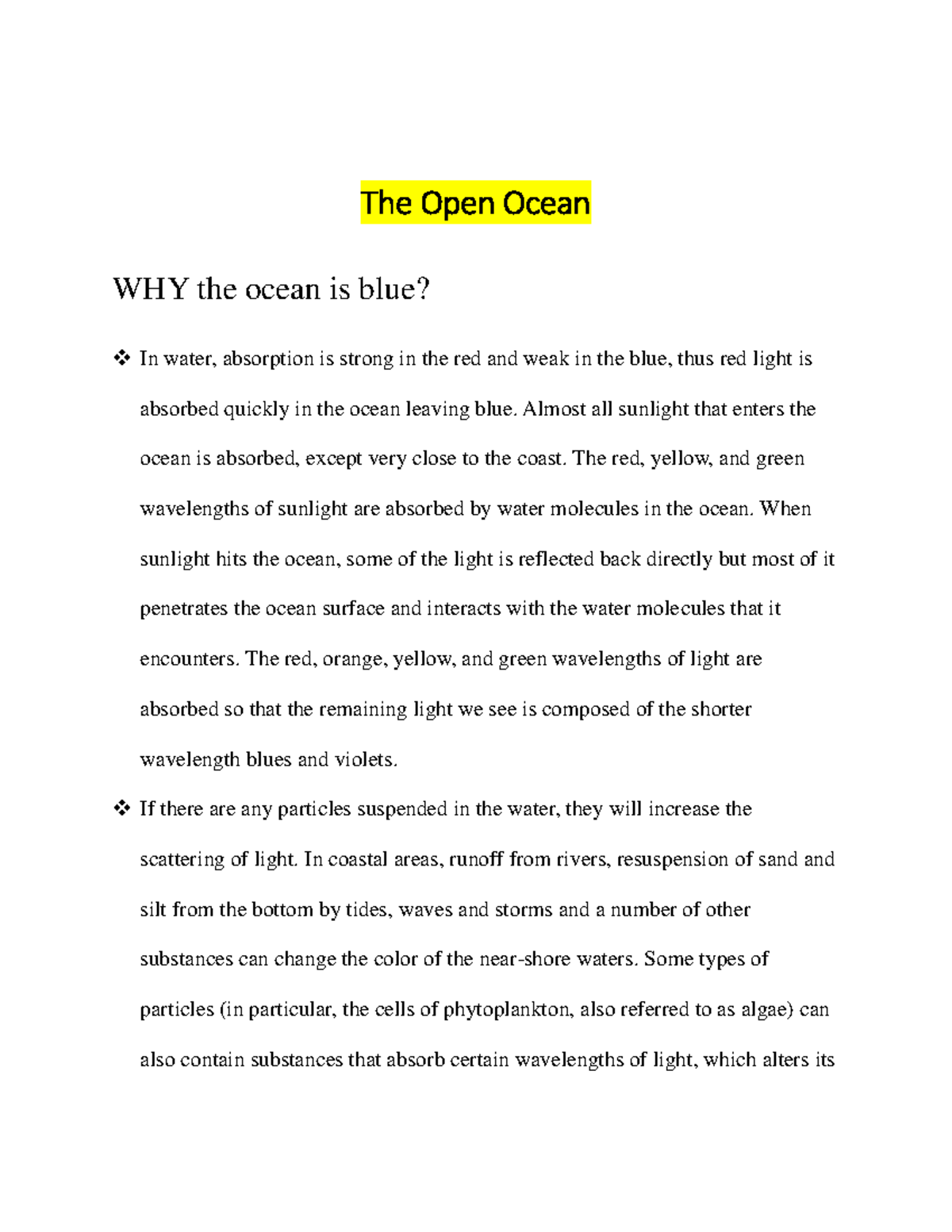 Unit 3 Epipelagic - The Open Ocean WHY the ocean is blue? In water ...