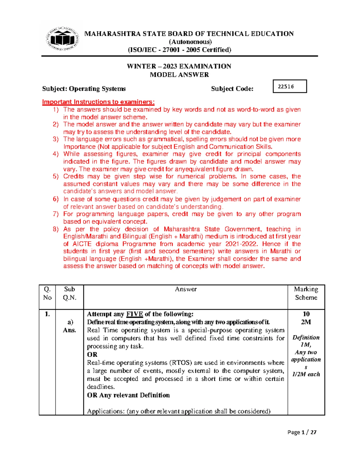 OSY-W-23 - OSY 22516 winter 2023 model answer paper. OSY model answer paper winter 2023. - - Studocu