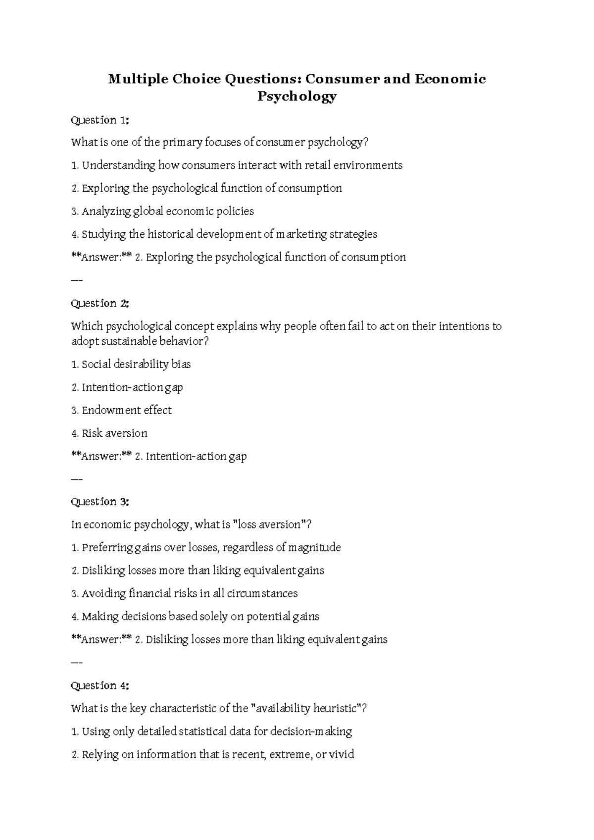 Oefentoets Consumer & Economic Psychology: Multiple Choice Questions ...