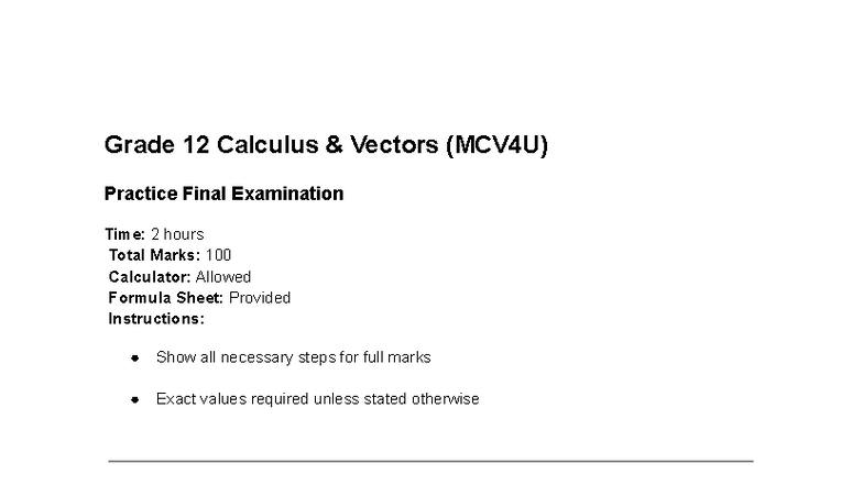 Grade 12 Calculus Vectors (MCV4U) Final Exam Practice Test - Studocu