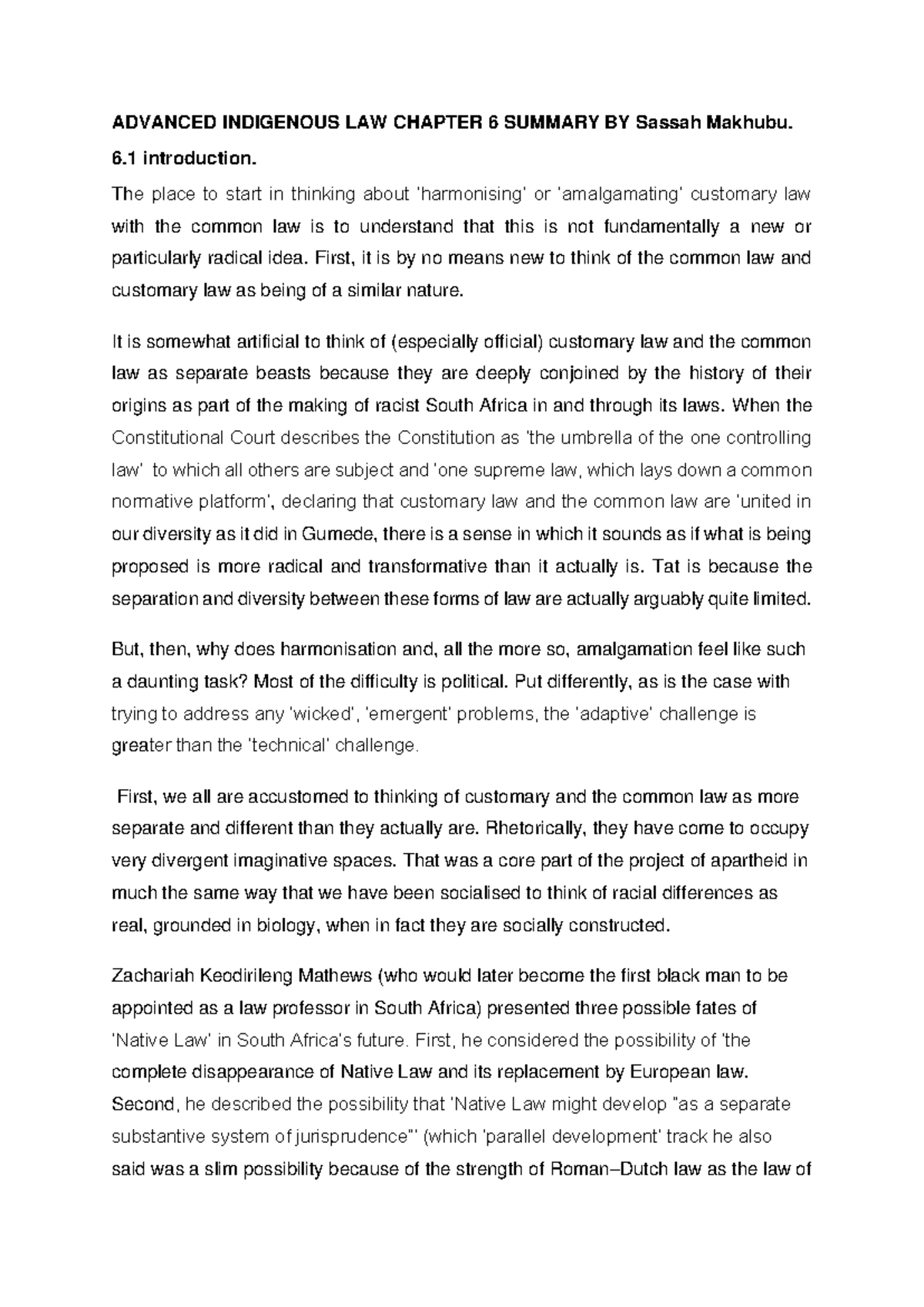 ADVANCED INDIGENOUS LAW CHAPTER 6 SUMMARY: Harmonisation & Amalgamation ...