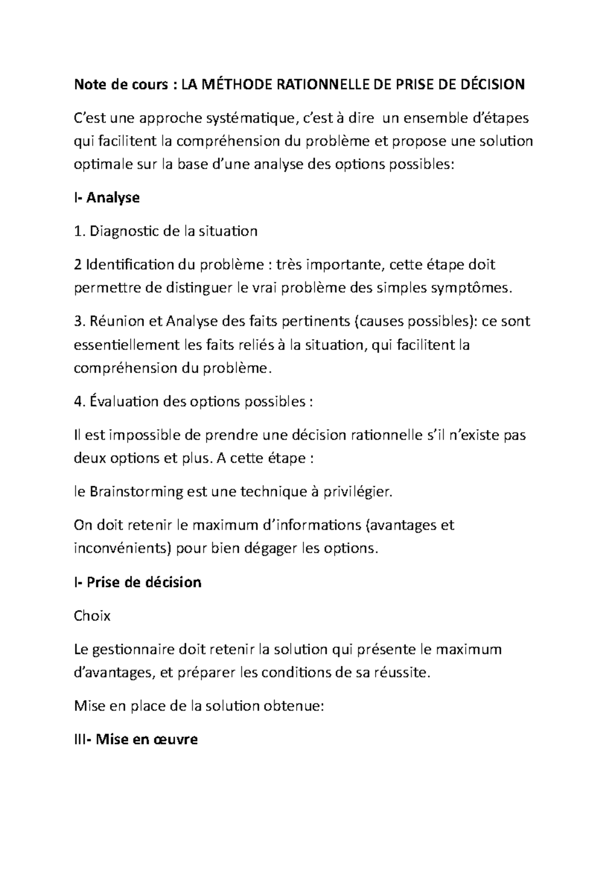 Méthode Rationnelle de Prise de Décision - Notes de Cours - Studocu