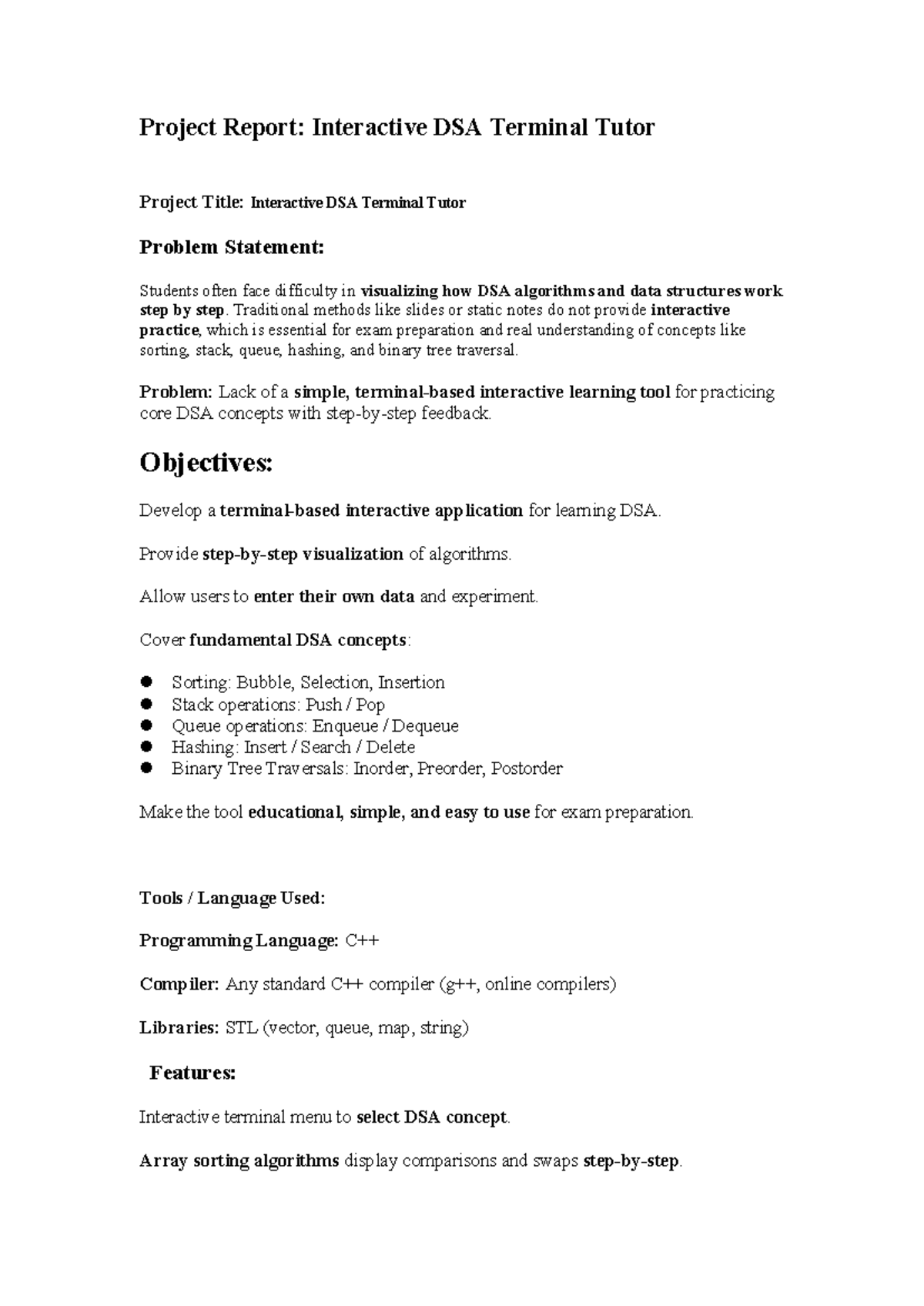 Interactive DSA Terminal Tutor Project Report: Enhancing Learning Tools ...