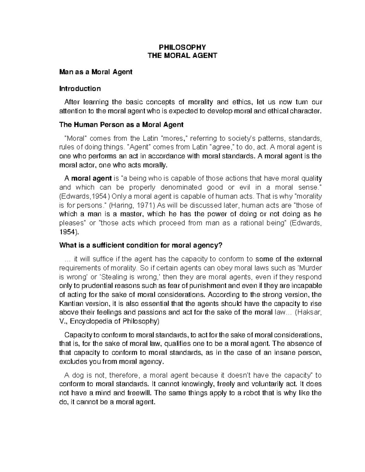 Philo THE Moral Agent - PHILOSOPHY THE MORAL AGENT Man as a Moral Agent ...